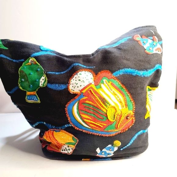 Vintage | Bags | Vintage 9s Black Colorful Tropical Fish Slouchy Canvas ...